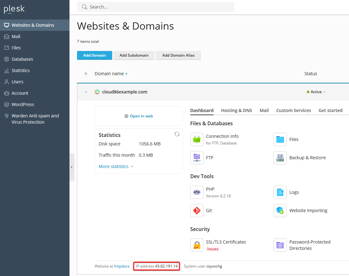 Plesk: Where can I find my server name and ip address? – Helpcenter - Cloud86