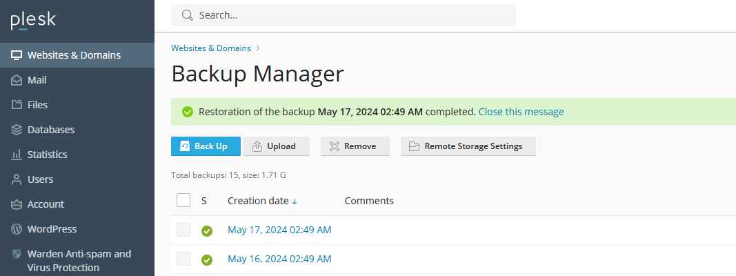 Restoring backup via Plesk – Helpcenter - Cloud86